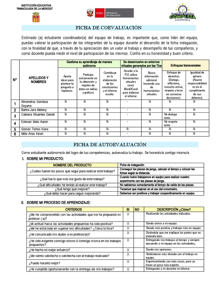 Ficha de Coevaluación y Autoevaluación | Descargar gratis PDF | Cognición