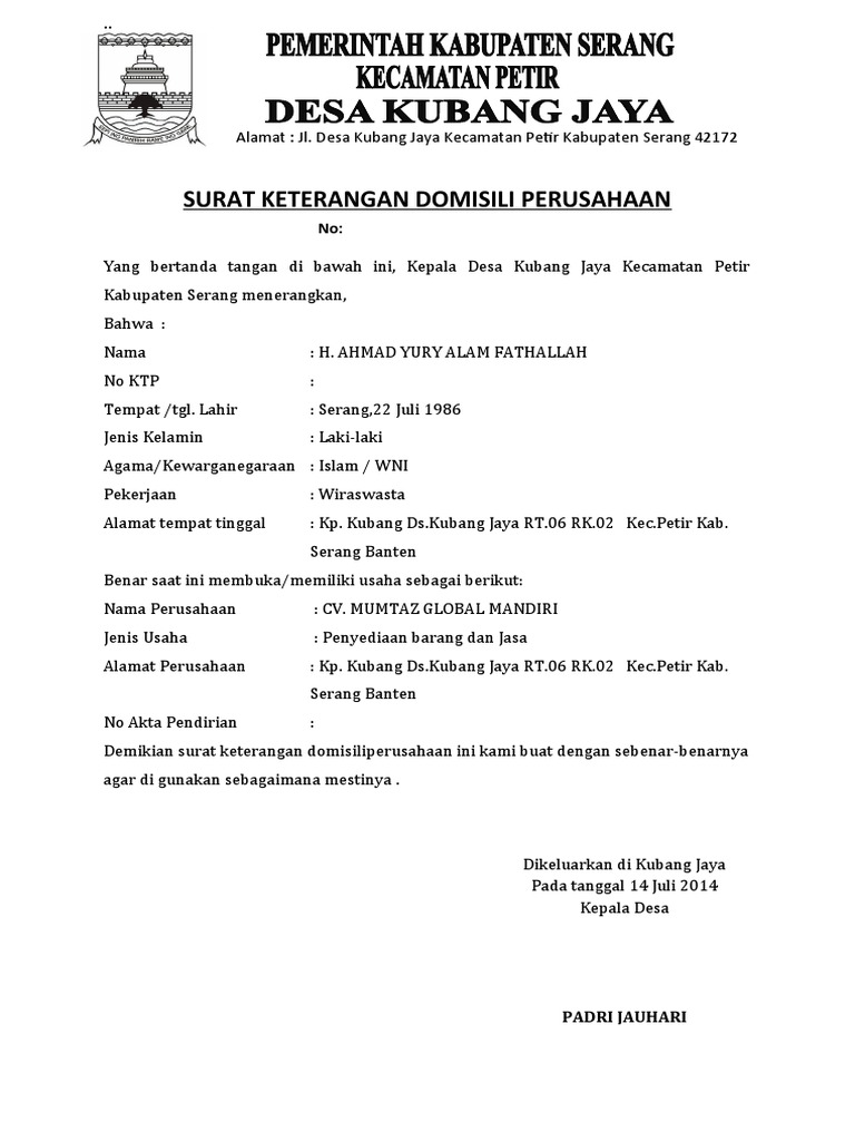 Surat Keterangan Domisili Perusahaan No-35350073 | PDF