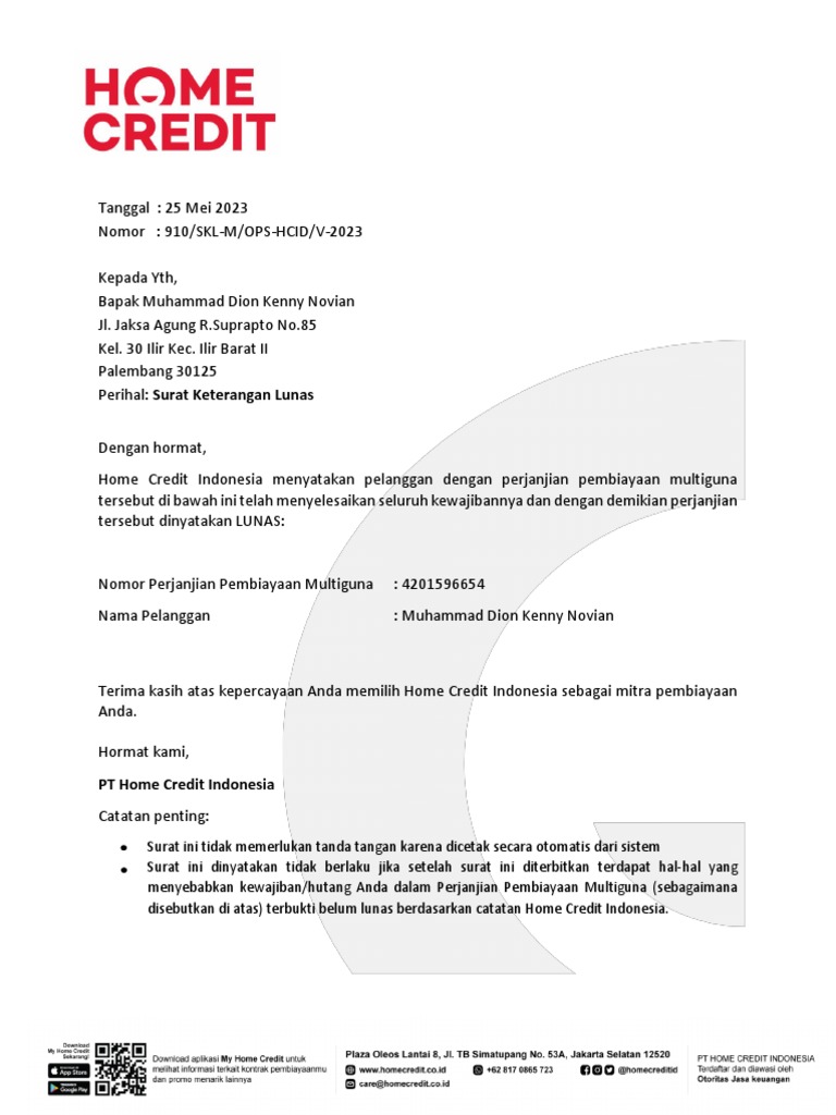 Surat Keterangan Lunas HCI | PDF