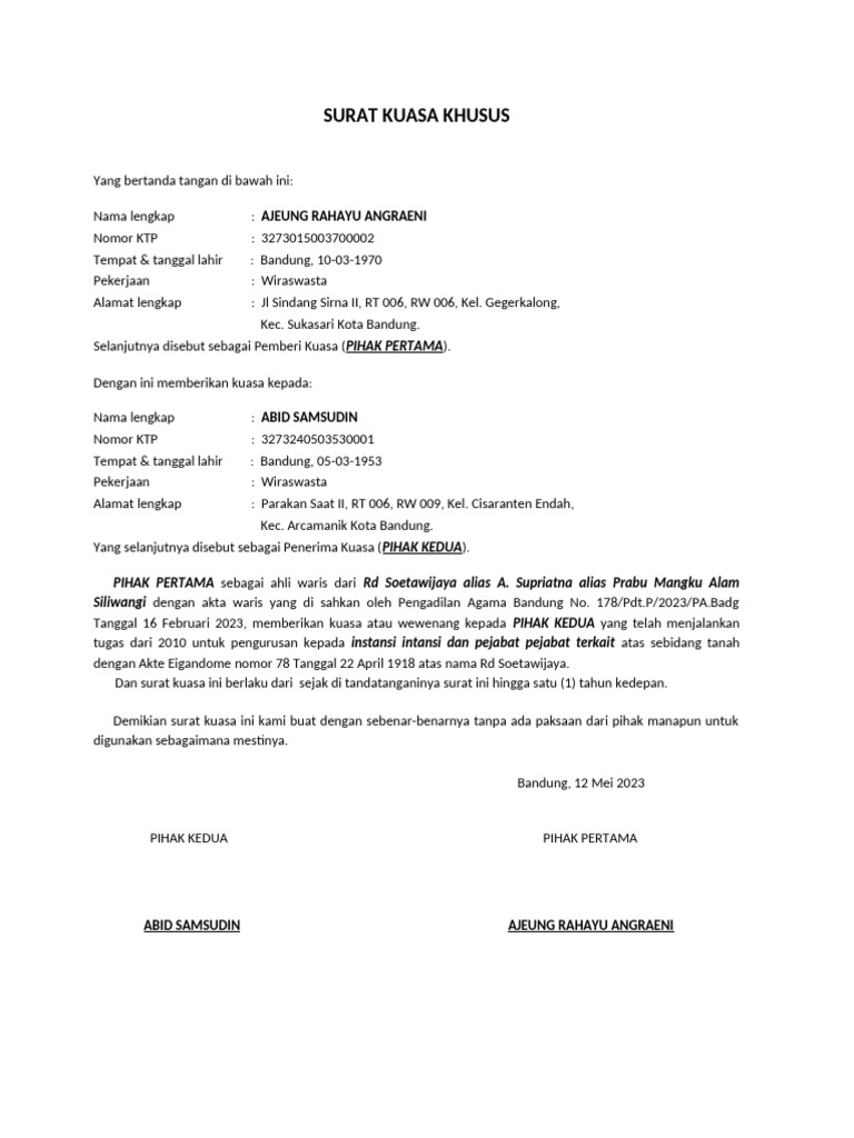 Contoh Surat Kuasa Tanah | PDF