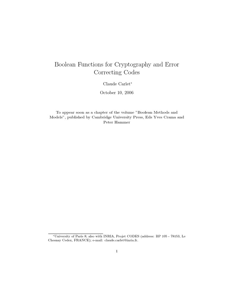 Carlet C Boolean Functions For Cryptography And Error Correcting Codes Pdf Key
