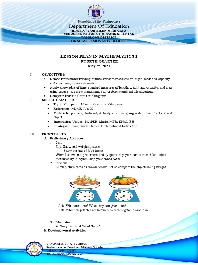 Cot - Lesson Plan Mathematics 2022 | PDF | Weight | Mass