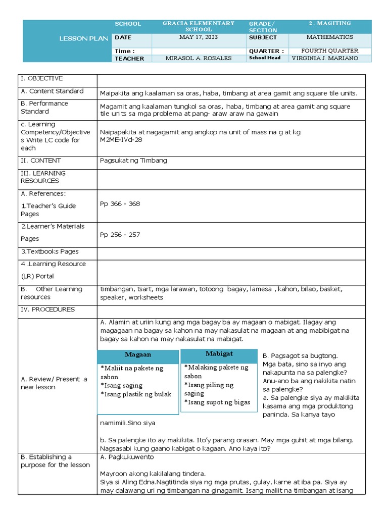 Cot - Lesson Plan Mathematics 2023 | PDF