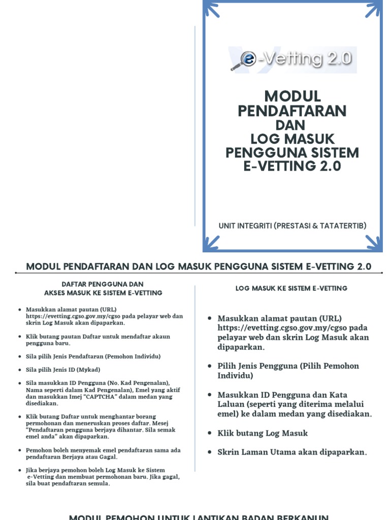 Panduan Pendaftaran Dan Log Masuk Pengguna Sistem E-Vetting | PDF