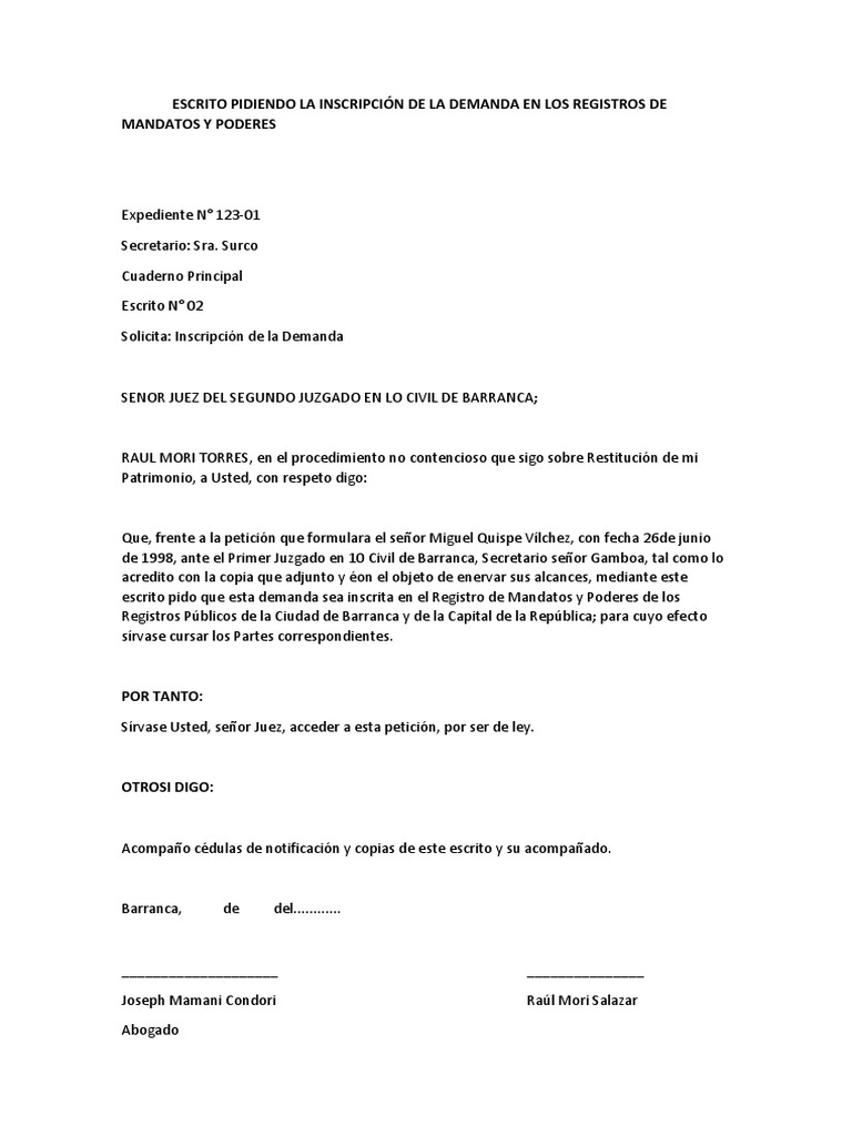 ESCRITO PIDIENDO LA INSCRIPCIÓN DE LA DEMANDA EN LOS REGISTROS DE ...