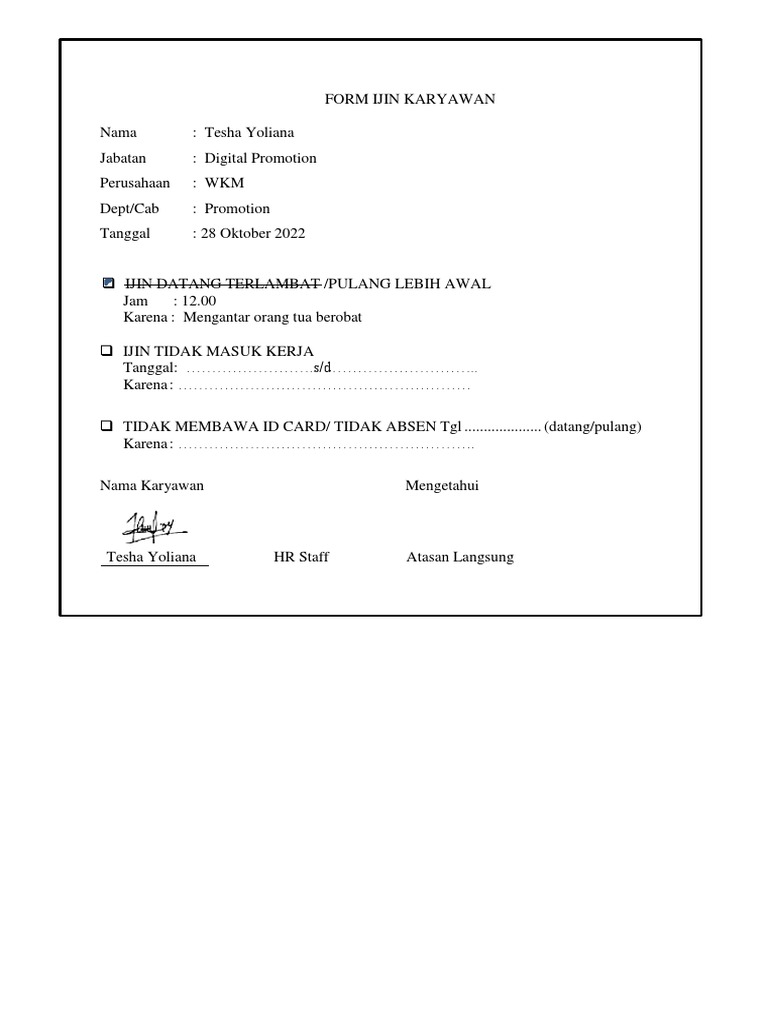 Form Ijin Karyawan | PDF