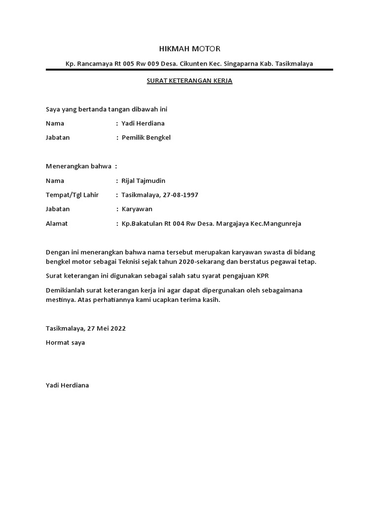 Surat Keterangan Kerja Rijal Tajmudin | PDF