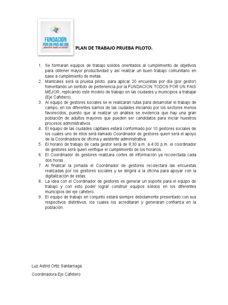 Plan de Trabajo Prueba Piloto | PDF