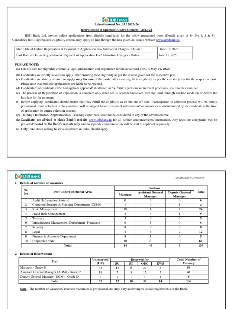 Notification IDBI SO Post | PDF | Banks | Accountant