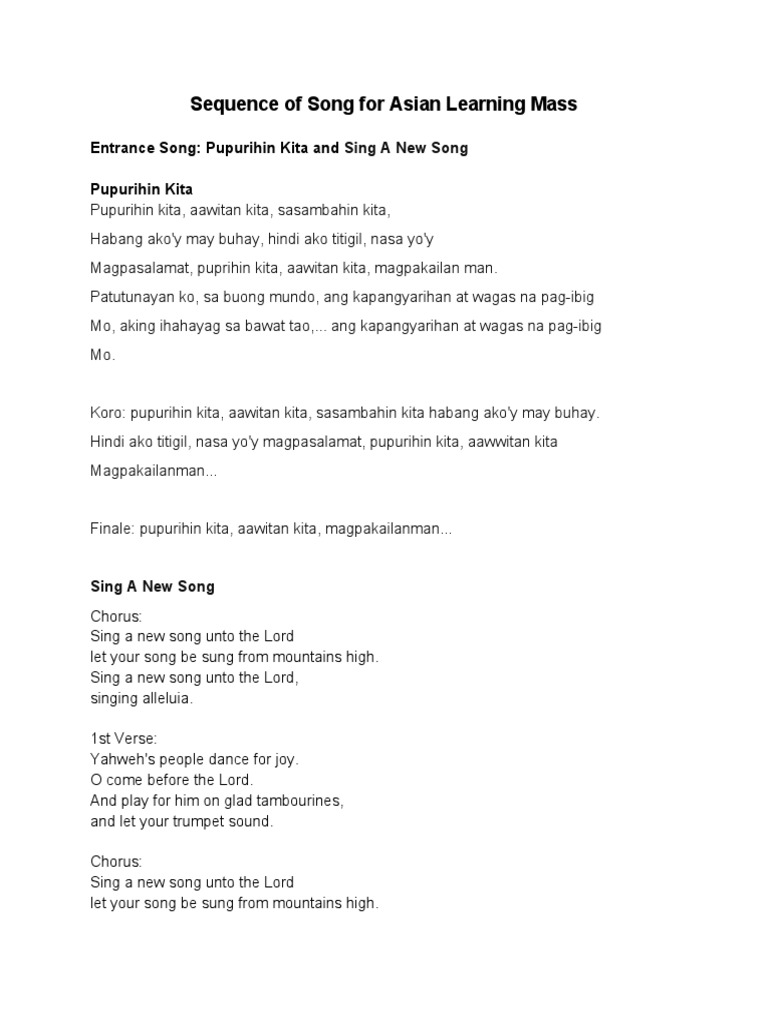 Asian Learning Mass Song Sequence | PDF | Lord's Prayer | Eucharist