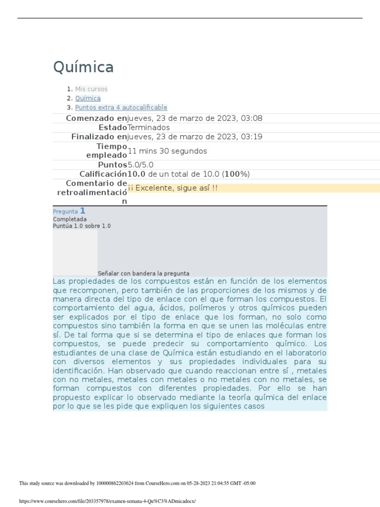 Examen Semana 4 Qu Mica | PDF | Enlace covalente | Enlace químico
