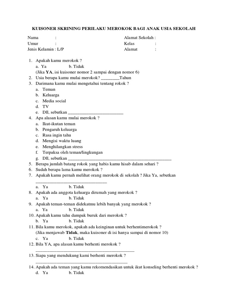 Kuisoner Skrining Perilaku Merokok Uks | PDF