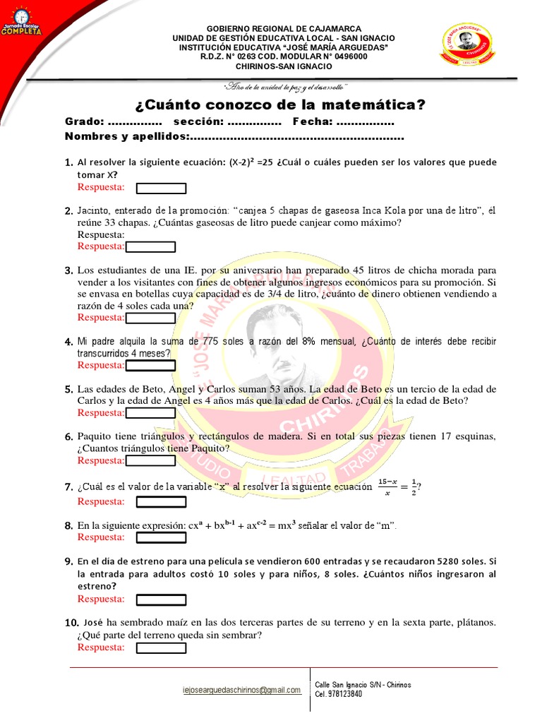 Prueba Diagnóstica de Matemáticas 4° Grado | PDF