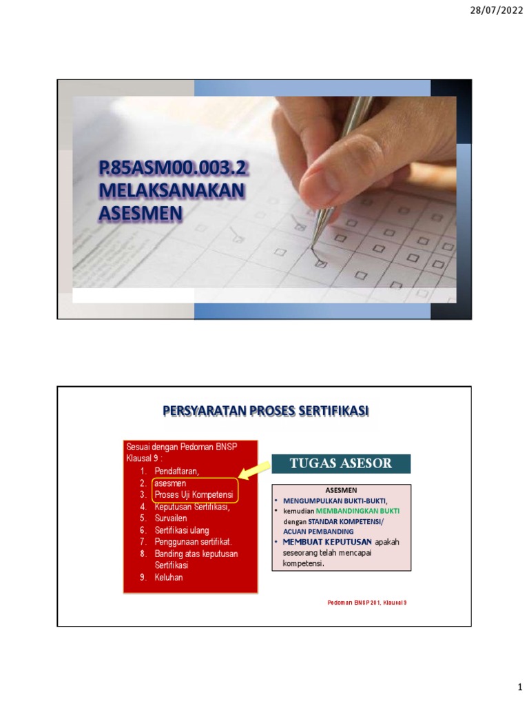 Melaksanakan Asesmen 2022 BNSP | PDF