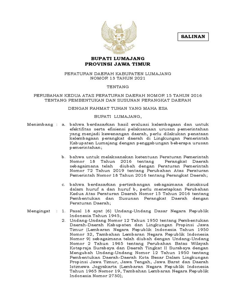 Perda Nomor 13 Tahun 2021 Tentang Perubahan Kedua Atas Peraturan Daerah ...
