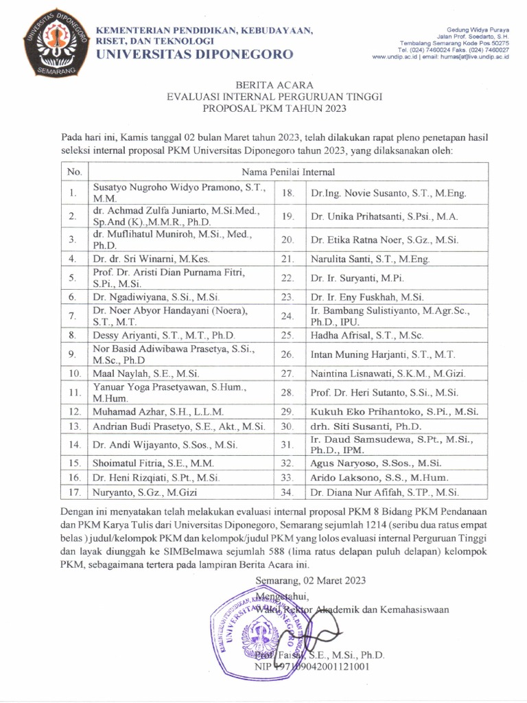 Berita Acara Seleksi Proposal PKM Tingkat UNDIP 2023 | PDF