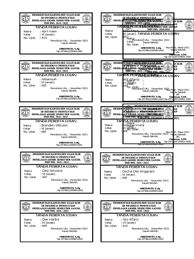 Contoh Nomor Peserta Ujian SMP | PDF