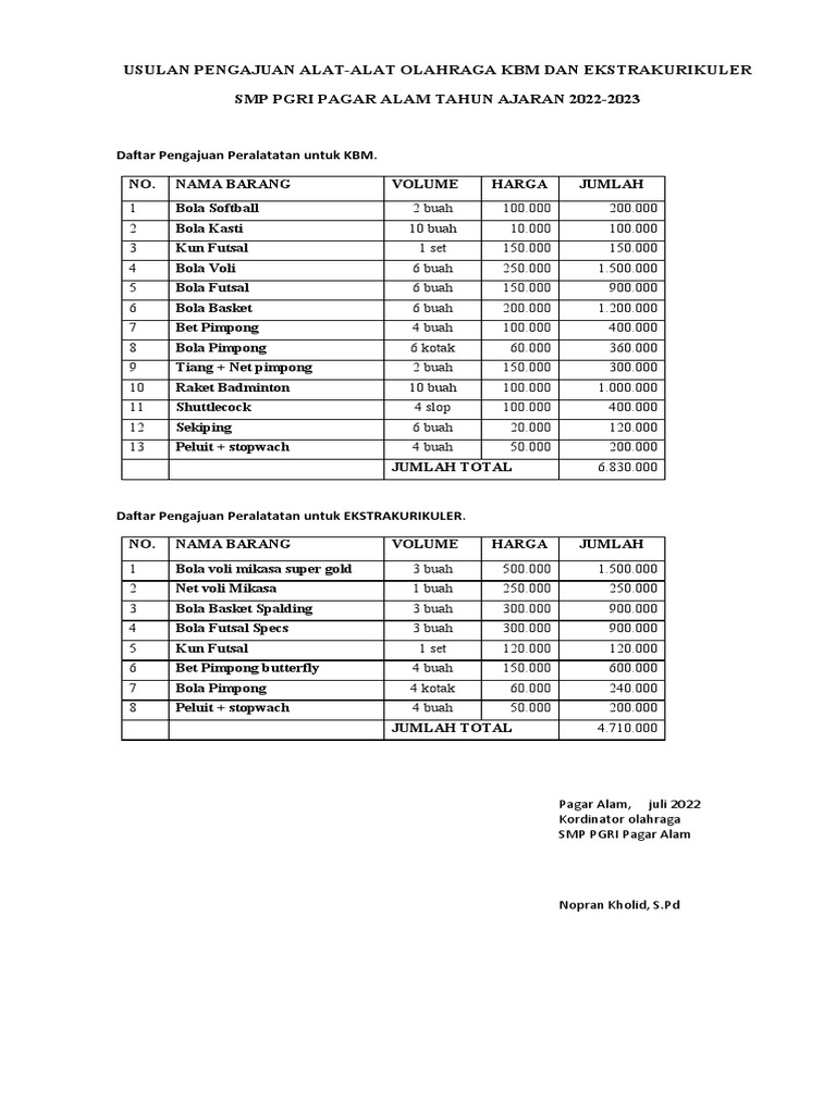 Proposal Pengajuan Alat Olahraga | PDF