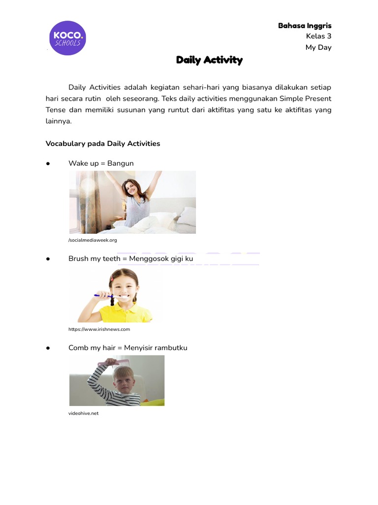 Revision Note - Bahasa Inggris Kelas 3 - My Day | PDF