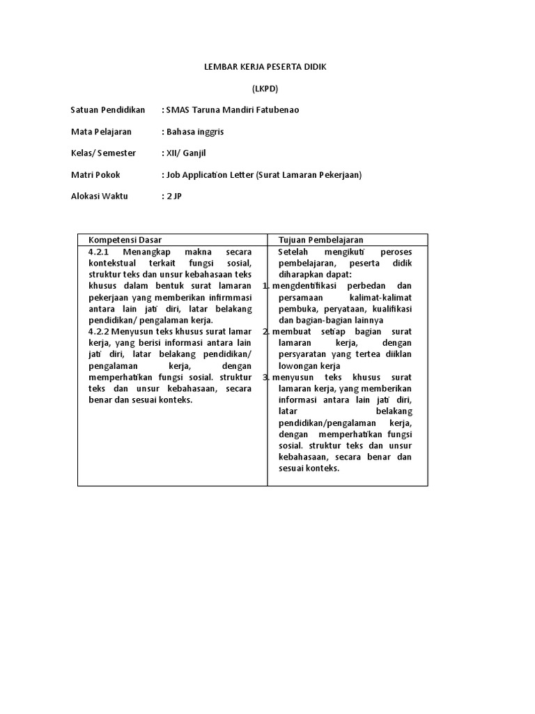 Lembar Kerja Peserta Didik Bing 12 Jal | PDF