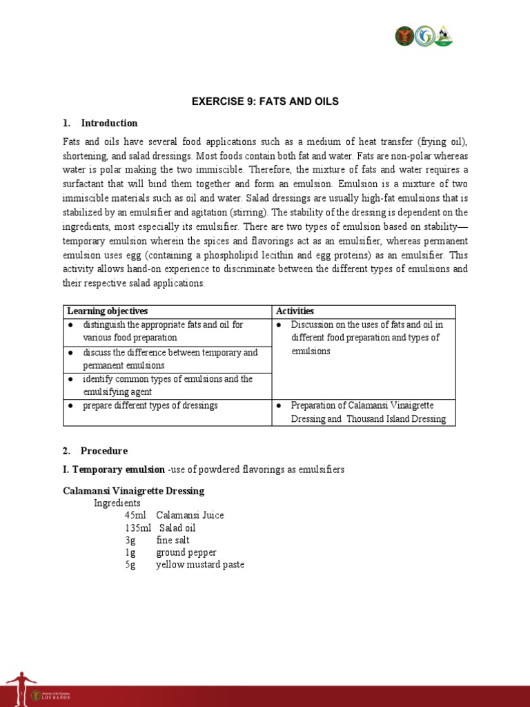 Exercise 9 - Fats and Oils | PDF | Emulsion | Mayonnaise