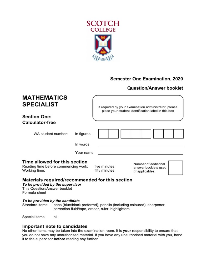 Year 11 Specialist Maths Exam 2020 | PDF | Mathematical Objects | Algebra