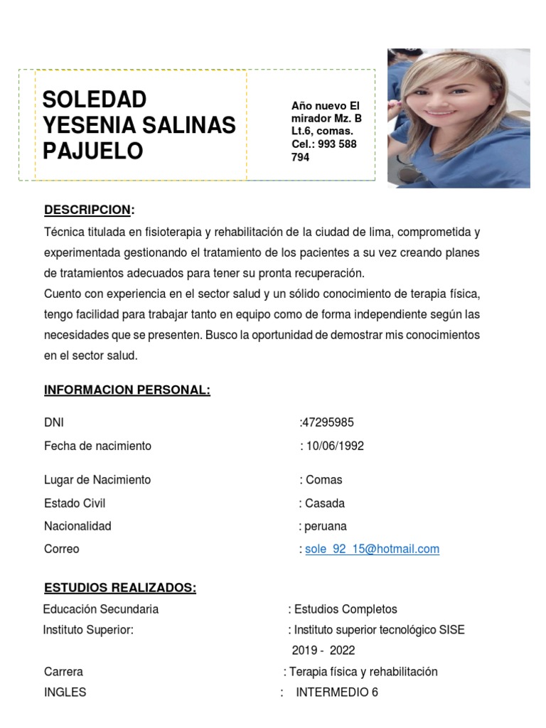 SOLEDAD SALINAS CV | PDF | Terapia física | Cuidado de la salud