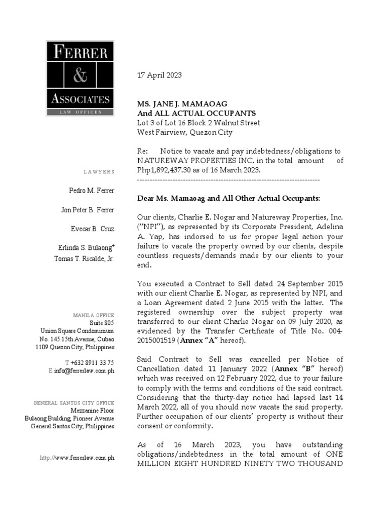 Notice To Vacate and Pay (Mamaoag) - 04 - 17 - 2023-Edited | PDF Notice To Vacate and Pay (Mamaoag) - 04 - 17 - 2023-Edited | PDF