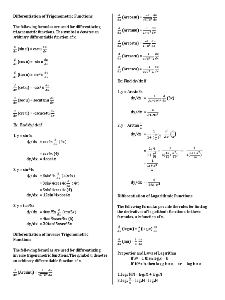 Differentiation Of Trigonometric Inverse Trigo Exponential And Hyperbolic Functions Pdf
