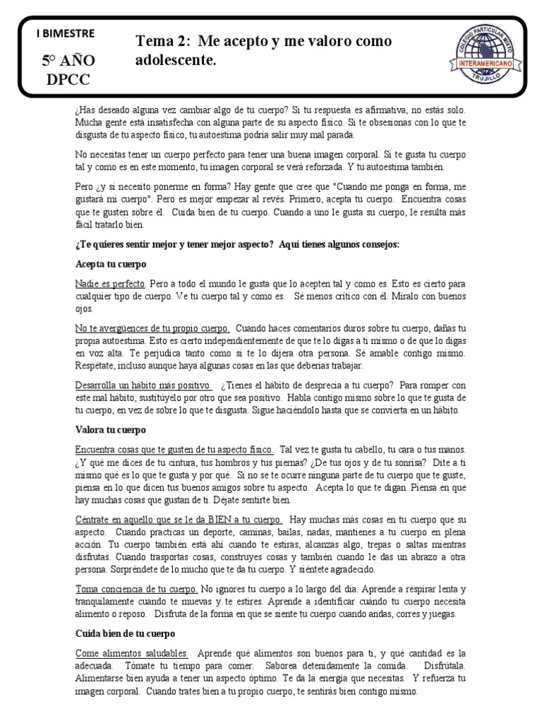 Tema 2 Me Acepto y Me Valoro Como Adolescente. | PDF | Autoestima | Depresión (estado de ánimo)