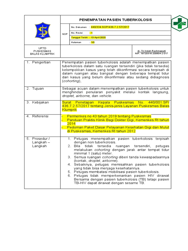 SOP Penempatan Pasien Tuberkulosis | PDF
