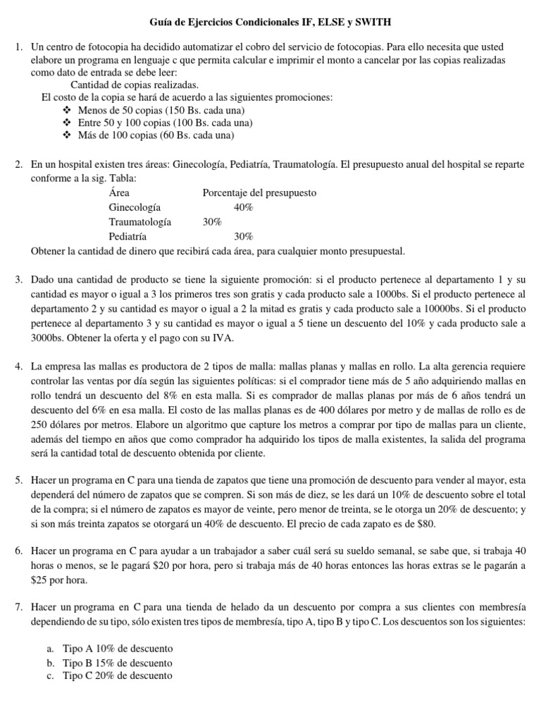 Guia 2 Ejercicios de Condicional If y ELSE | PDF | Presupuesto