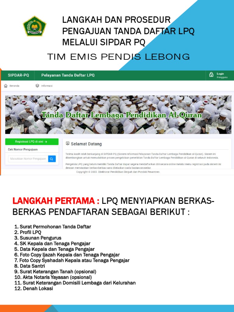 Langkah Dan Prosedur Pengajuan Tanda Daftar LPQ Melalui Sipdar PQ | PDF