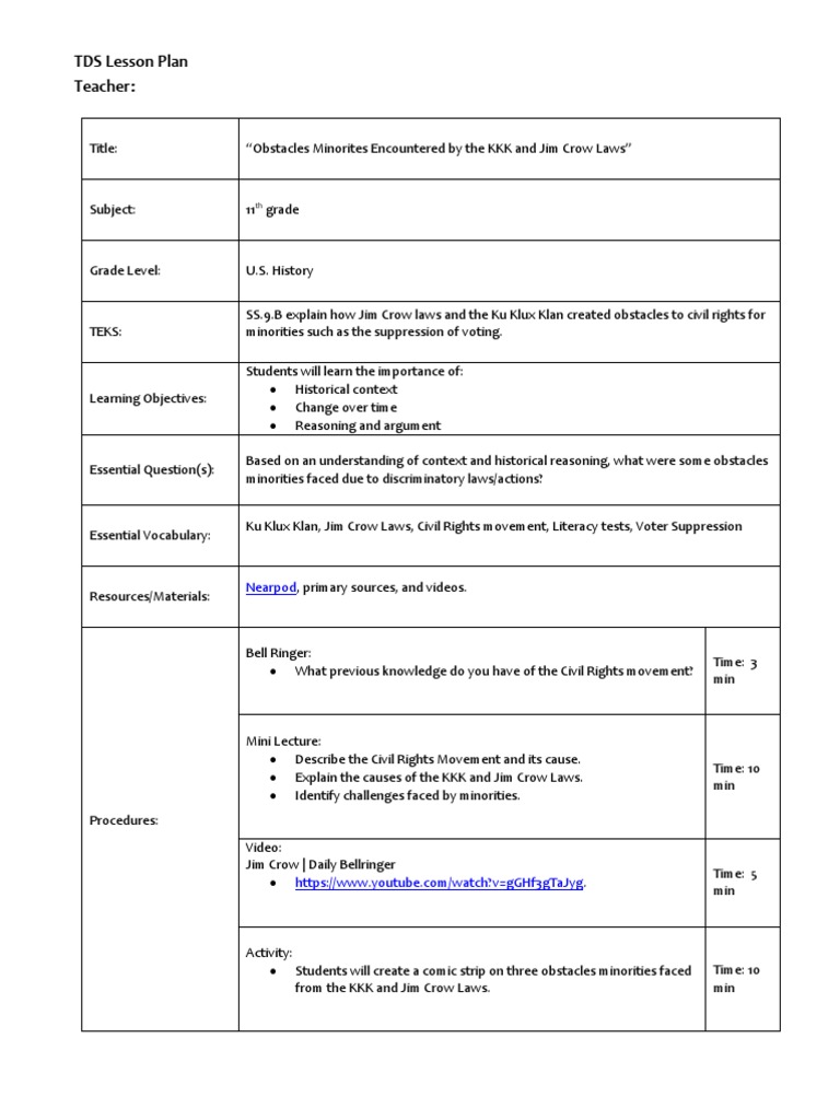 Tds Lesson Plan | PDF | Ku Klux Klan | Jim Crow Laws