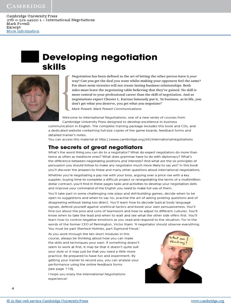 Developing Negotiation Skills Cambridage Excerpt | PDF | Negotiation | Psychological Concepts