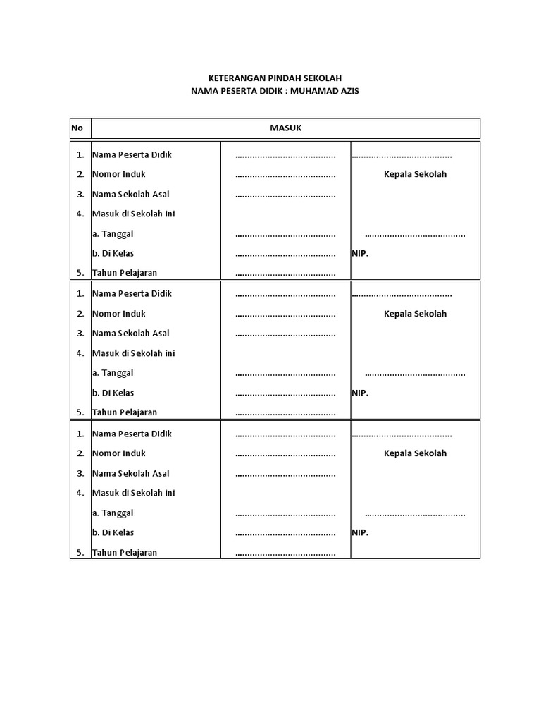 Lembar Keluar Masuk Sekolah RAPORT | PDF