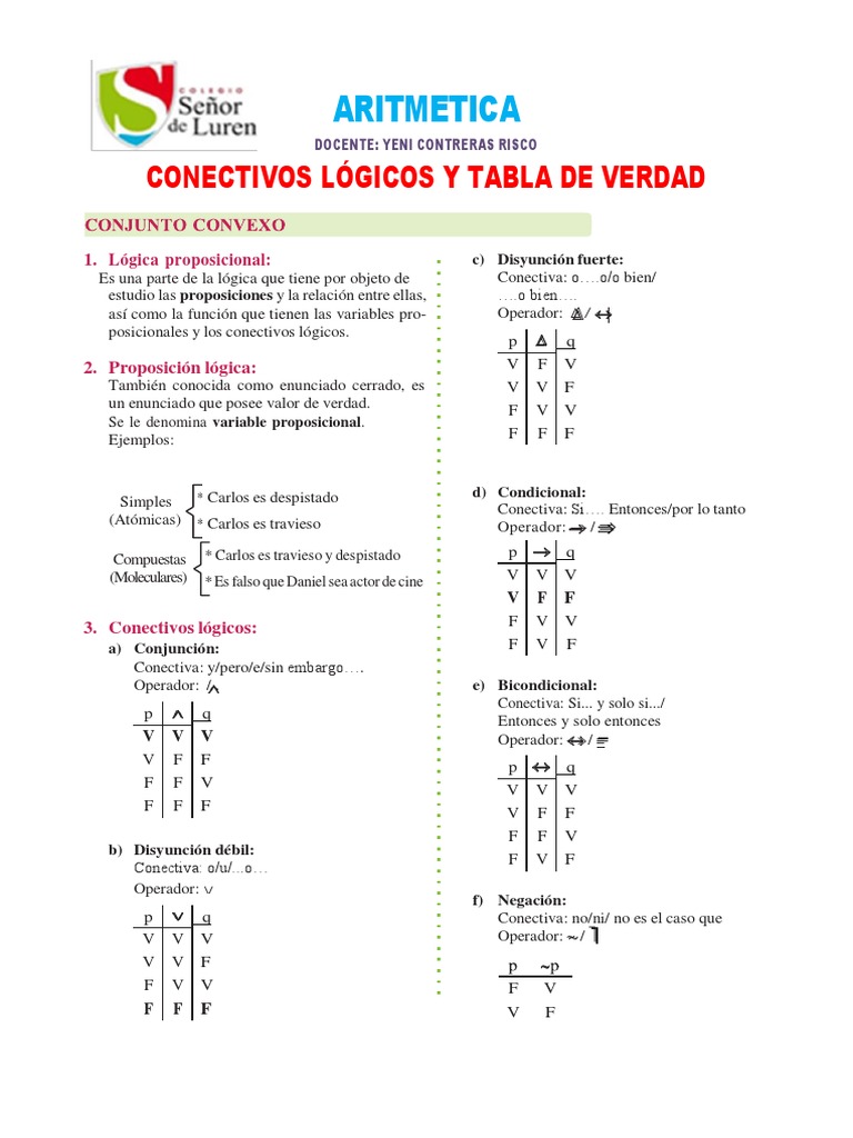 Conectivos Logicos y Tabla de Verdad 1ERO Secundaria JUEVES - 10 - DE ...