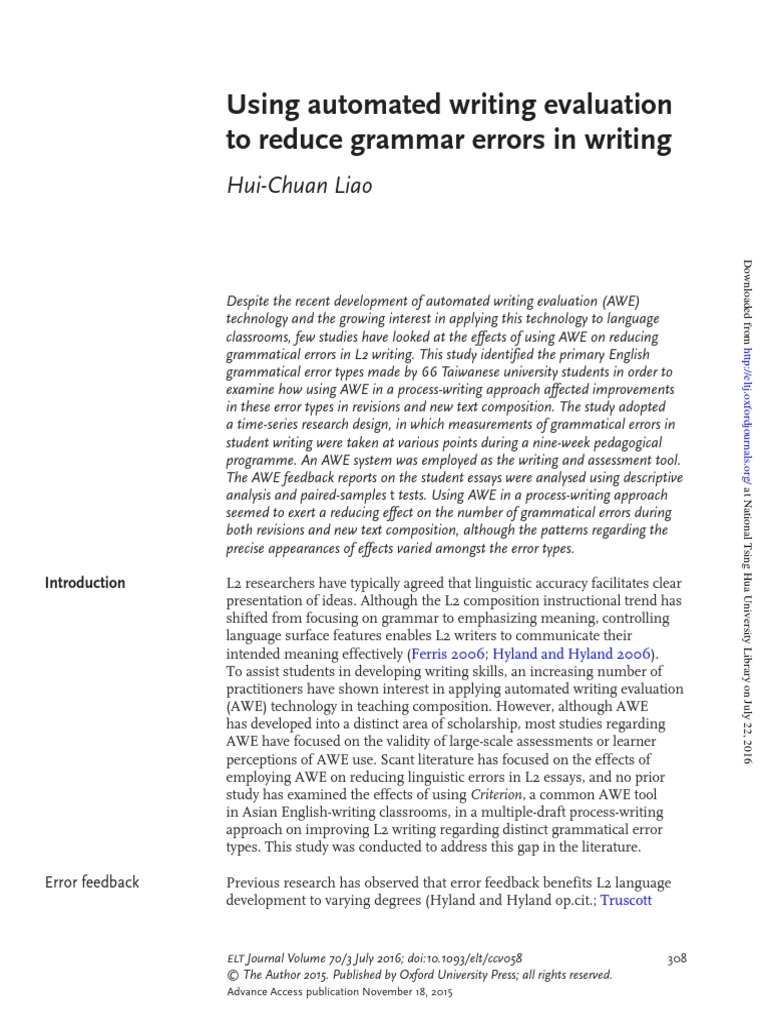 Using Automated Writing Evaluation To Reduce Grammar Errors in Writing ...