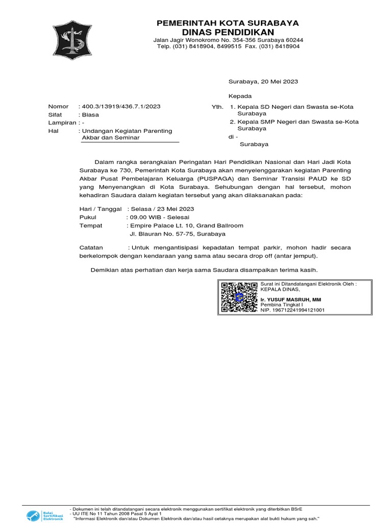 Undangan Parenting Akbar KS SD SMP Negeri Swasta | PDF