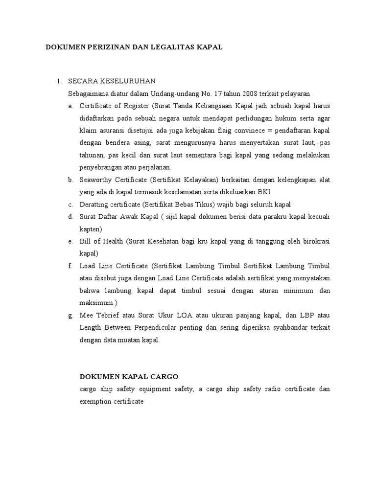 Dokumen Perizinan Dan Legalitas Kapal | PDF