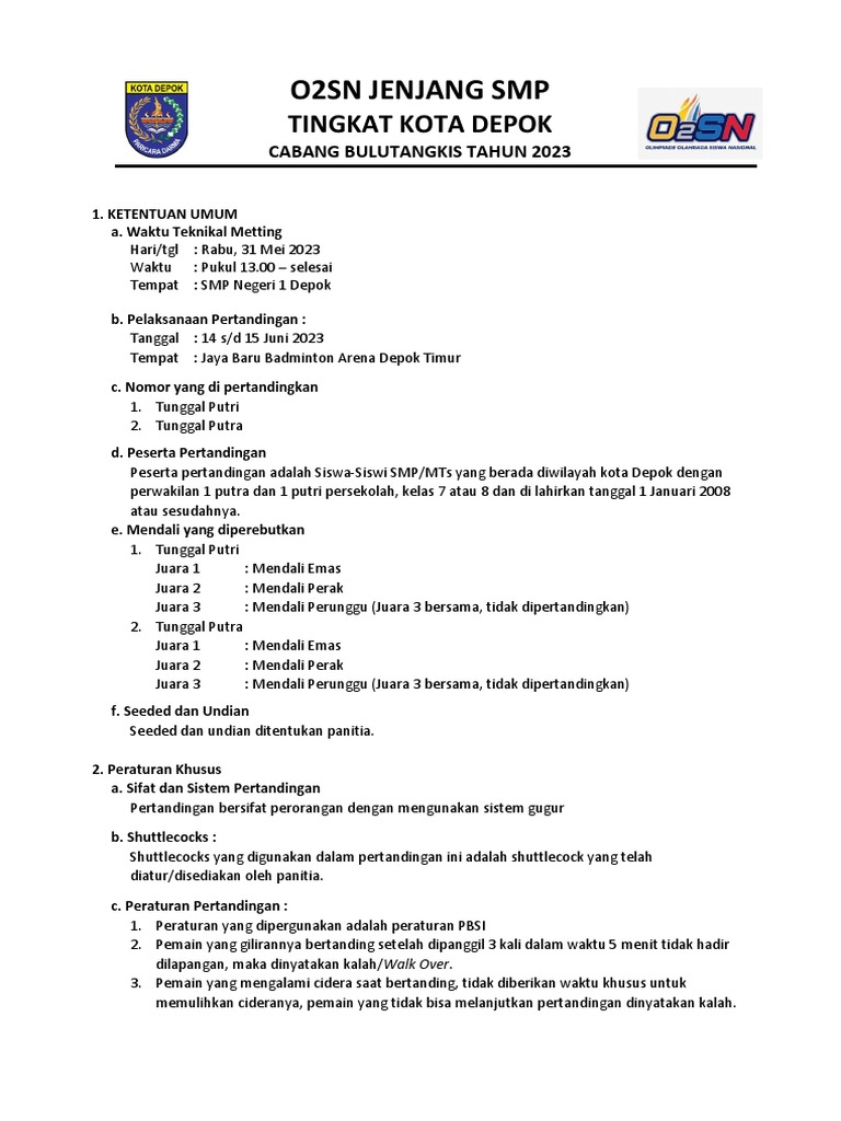 Juknis O2sn Bulu Tangkis | PDF