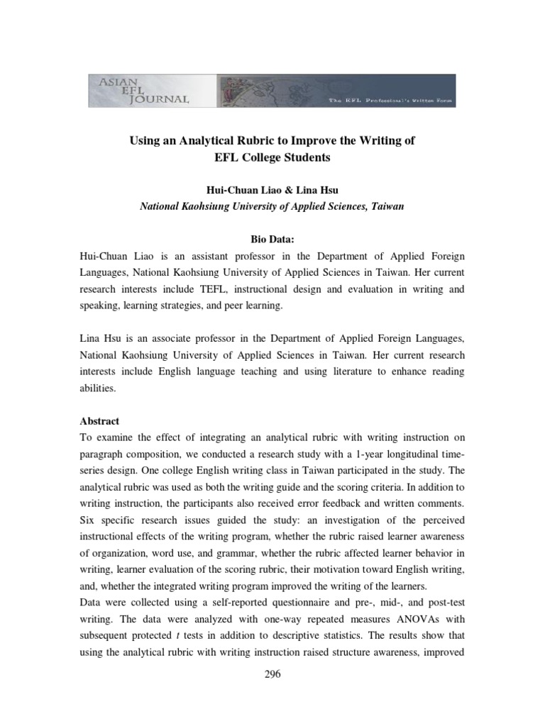 Using An Analytical Rubric To Improve The Writing of EFL College ...