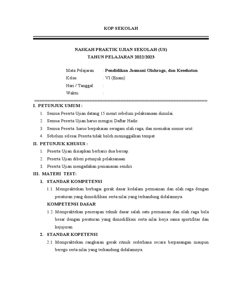 US Praktek PJOK Kelas 6 2022-2023 | PDF