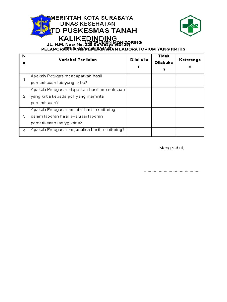 Instrumen Monitoring PELAPORAN HASIL PEMERIKSAAN LABORATORIUM YANG ...