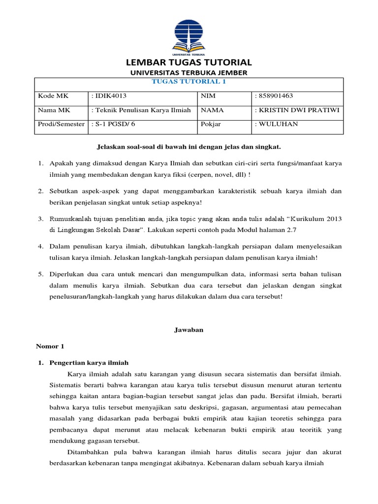 KRISTIN DWI PRATIWI (Tugas Tutorial 1 - Teknik Penulisan Karya Ilmiah ...