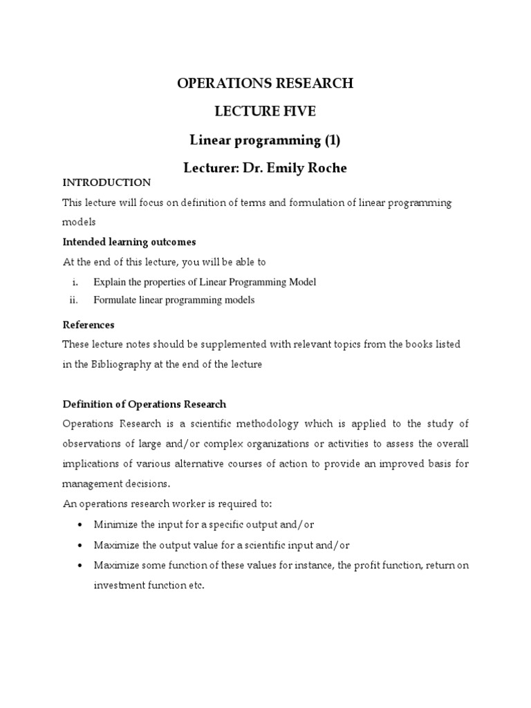 Operations Research - Lecture Five - Linear Programming | PDF | Linear Programming ...