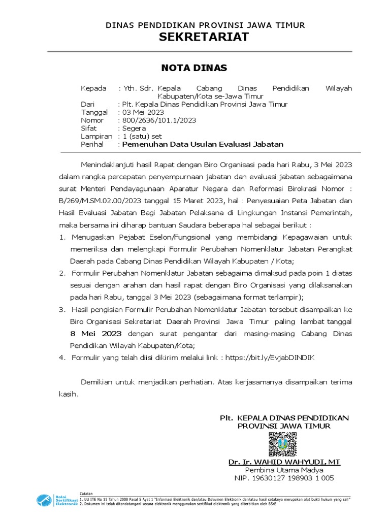 NOTA DINAS PEMENUHAN DATA USULAN EVALUASI JABATAN - Sign | PDF