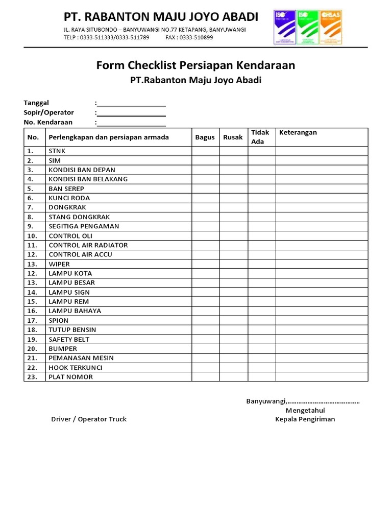 Form Checklist Persiapan Kendaraan | PDF