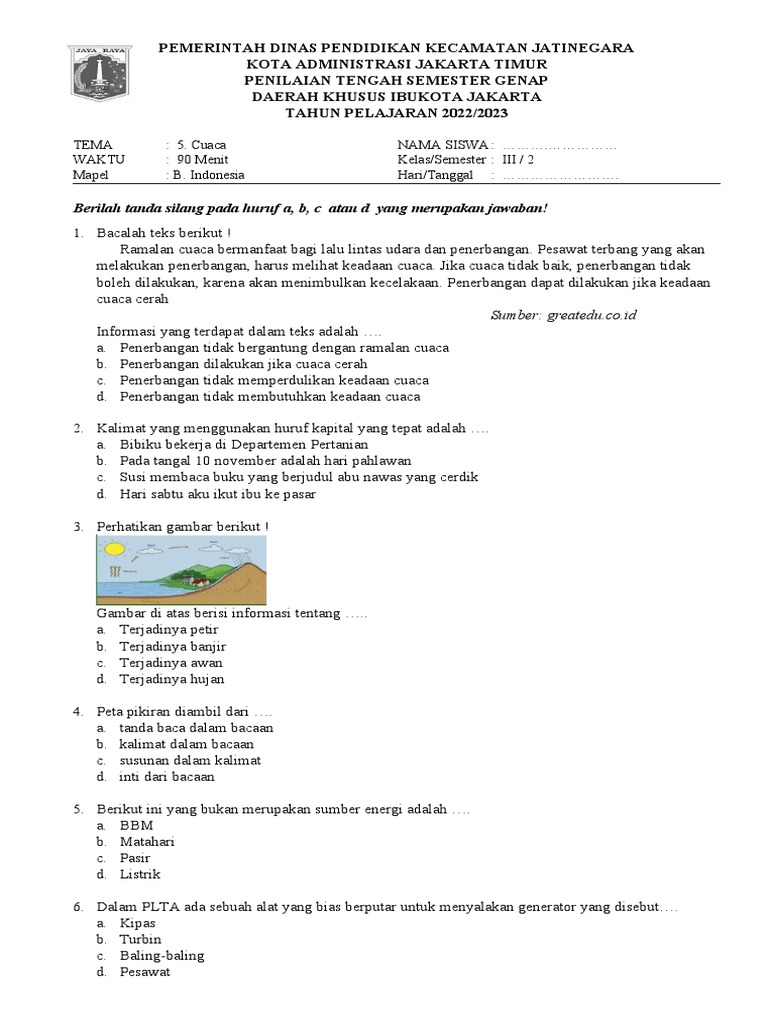 Soal PTS Kelas 3 Tema Cuaca | PDF