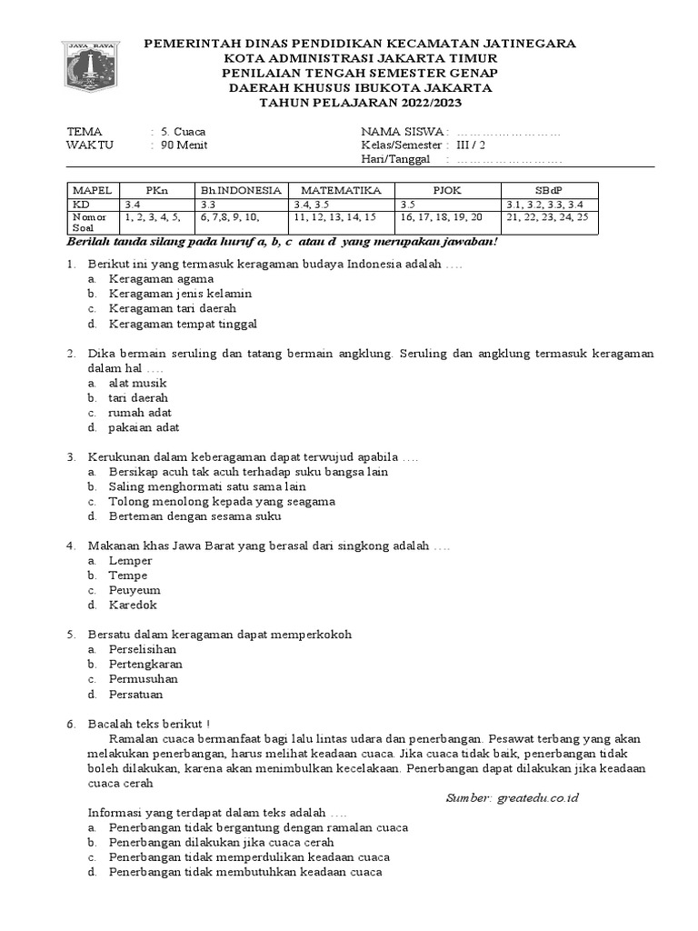 SOAL PTS TEMA 5 KELAS 3 - SBDP | PDF